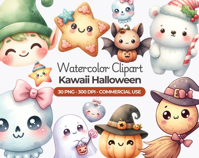 Kawaii Halloween Clipart Set. Cute Digital Clipart Bundle for Personal ...