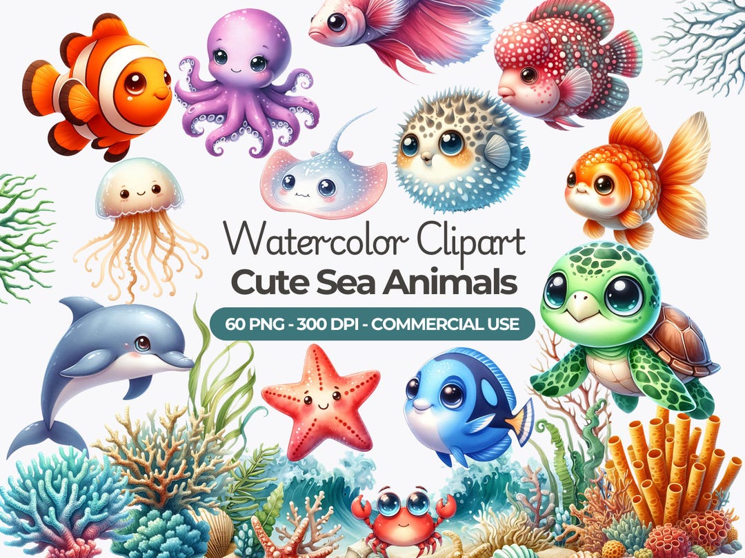Cute Sea Animals Clipart, Underwater Animals, Animal Nursery, Cute ...