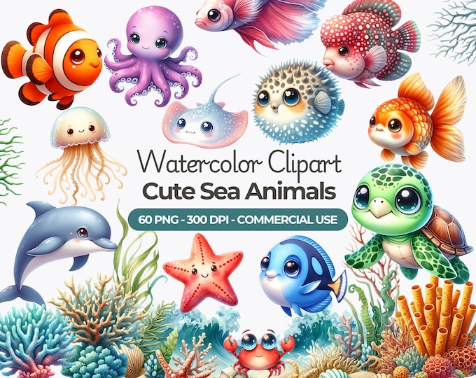 Sea Animals Clipart, Cute Ocean Animals Clipart, Nautical, Watercolor ...