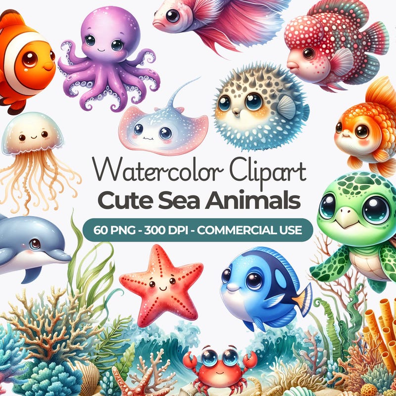 Sea Animals Clipart - Etsy