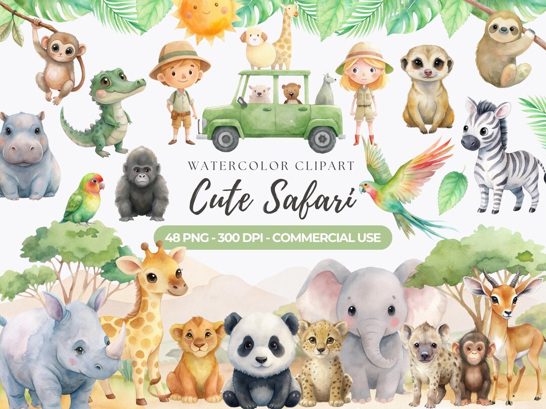 Watercolor Safari Animals Clipart, Baby Jungle Nursery Graphics, Wild ...