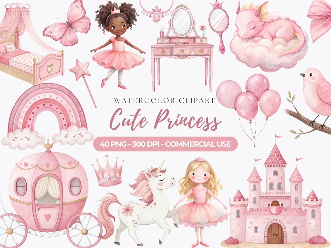 Watercolor Pink Princess Clipart, Unicorn, Castle (PNG) - Etsy