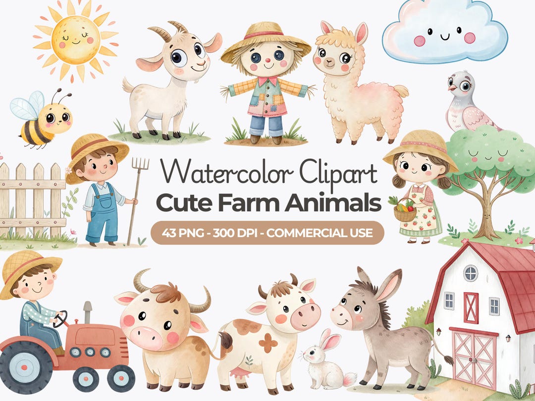 Watercolor Cute Farm Animals Clipart, Nursery Farm Animals PNG, Farm ...