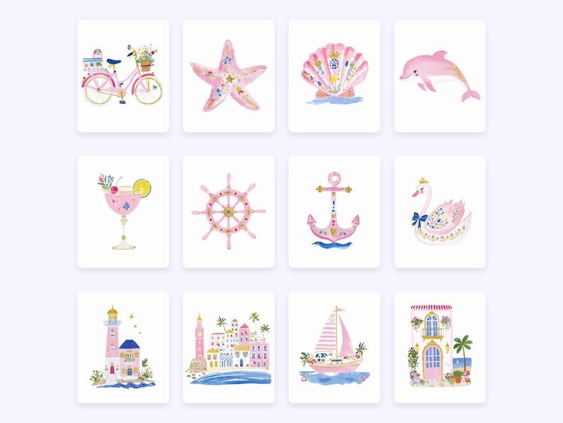 Coastal Preppy Summer Clipart, Watercolor Beach Graphics, Pink Nautical ...