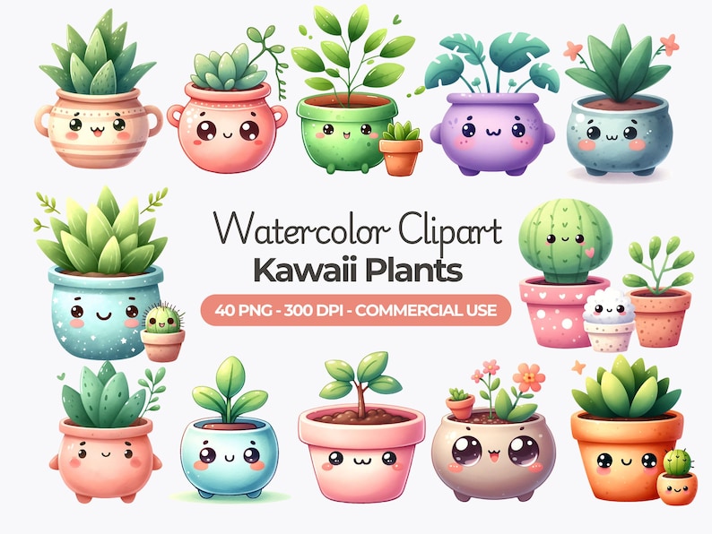 Watercolor Kawaii Potted Plants Clipart, Cute House Plants, Cute ...