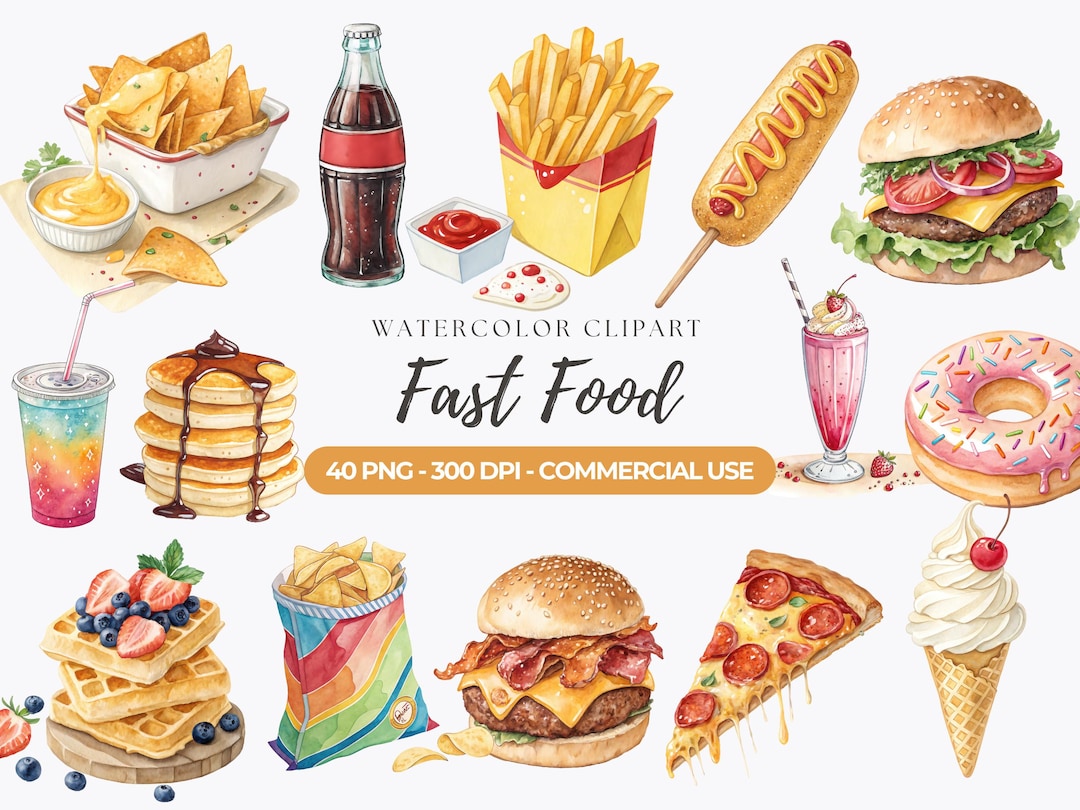 Watercolor Fast Food Clipart, 40 Junk Food PNG Graphics, Commercial Use ...