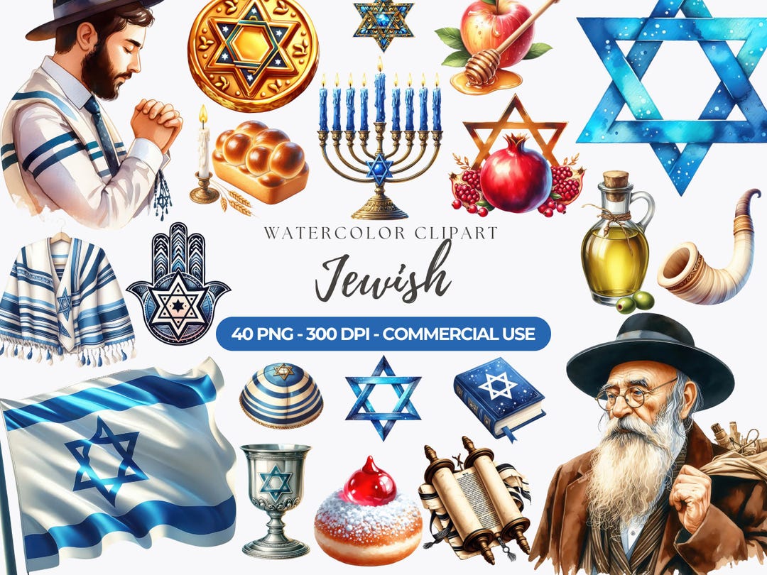 Watercolor Jewish Clipart, Hanukkah, Star of David, Menorah, Torah ...