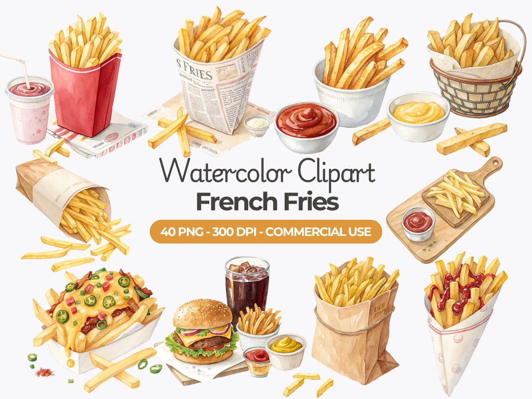 Watercolor French Fries Clipart, Fast Food PNG (commercial Use) - Etsy