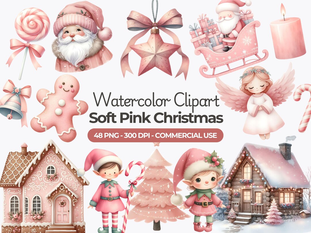 Watercolor Soft Pink Christmas Clipart, Pink Christmas PNG, Pastel ...