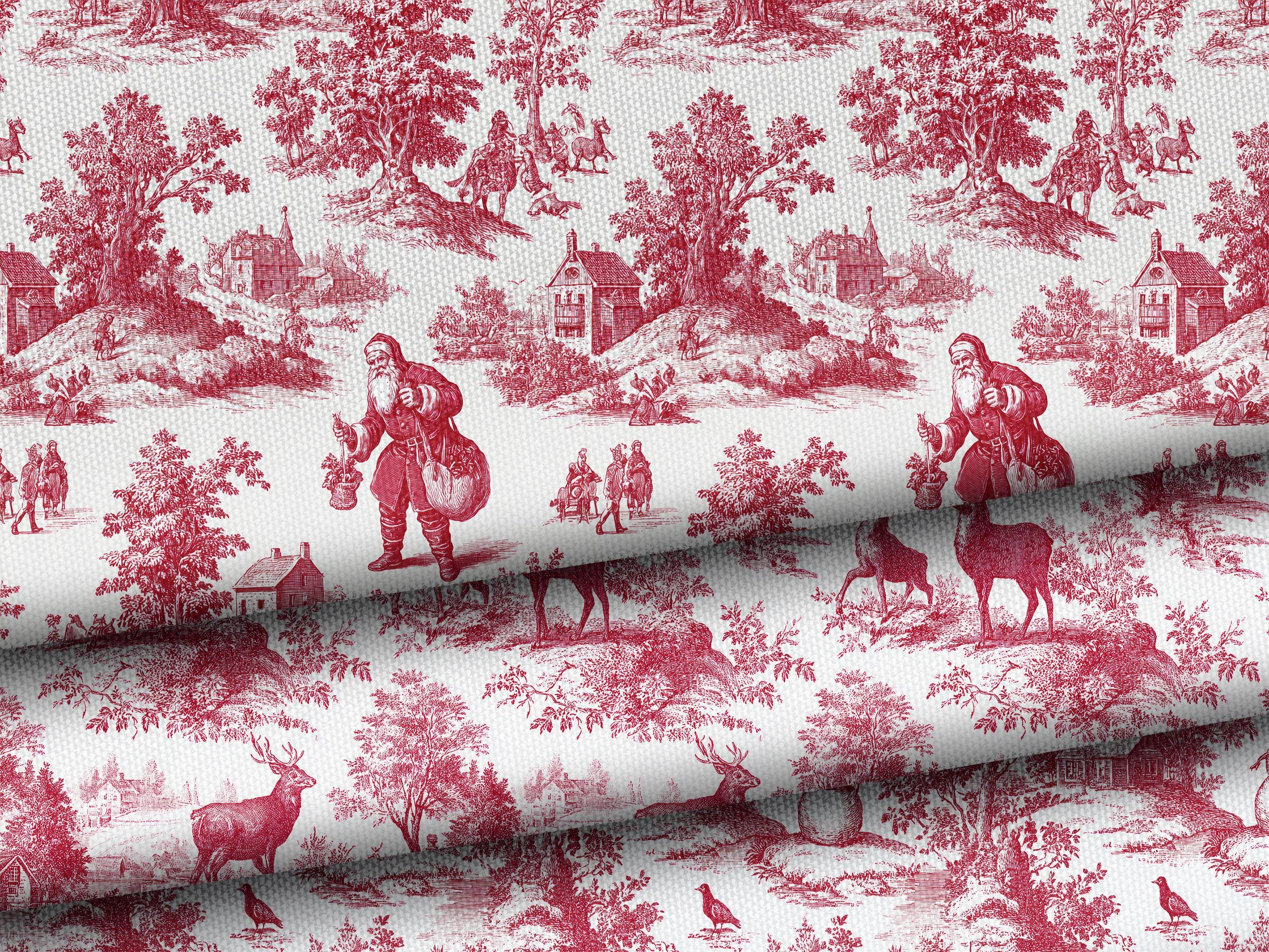 Red Christmas Toile De Jouy Seamless Pattern, Vintage Holiday ...