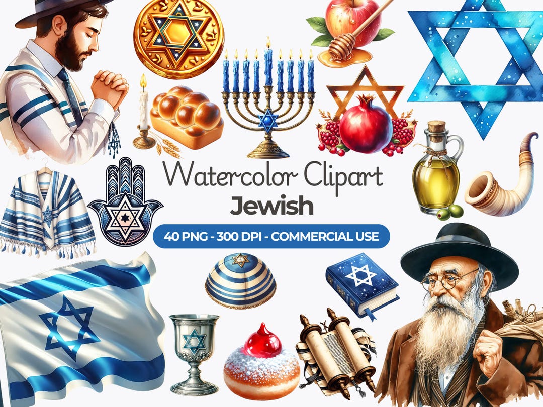 Watercolor Jewish Clipart, Hanukkah, Star of David, Menorah, Torah ...