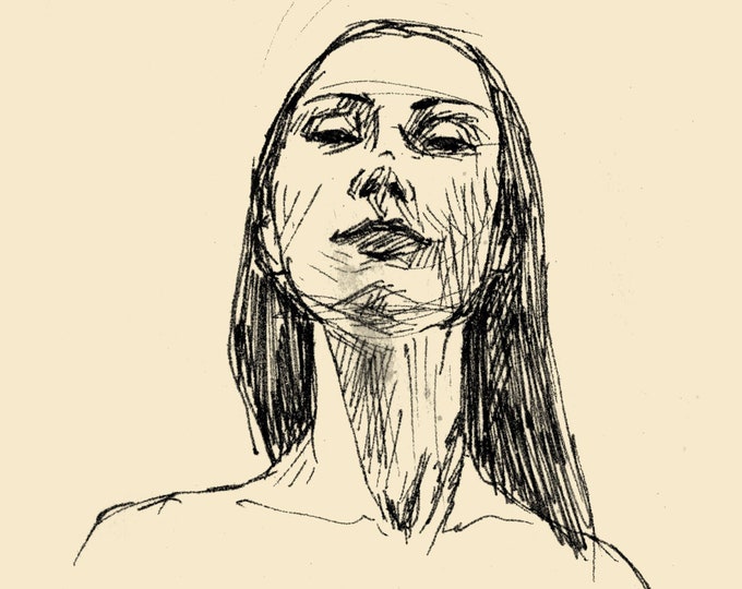 Portrait Sketch of Woman, Upturned Face, 7x5” Print of Original Pen and ...