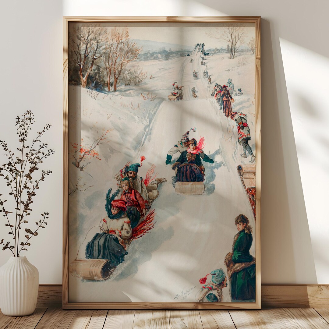 Antique Victorian Winter Sledding Scene Poster, Retro Snow Toboggan ...