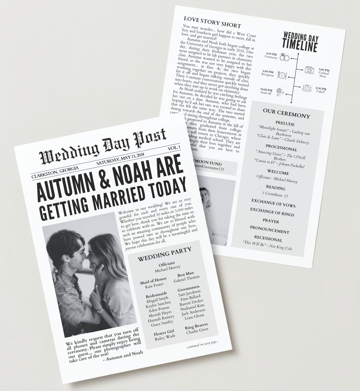 Newspaper Wedding Program Template, Editable Wedding Program, Newspaper ...