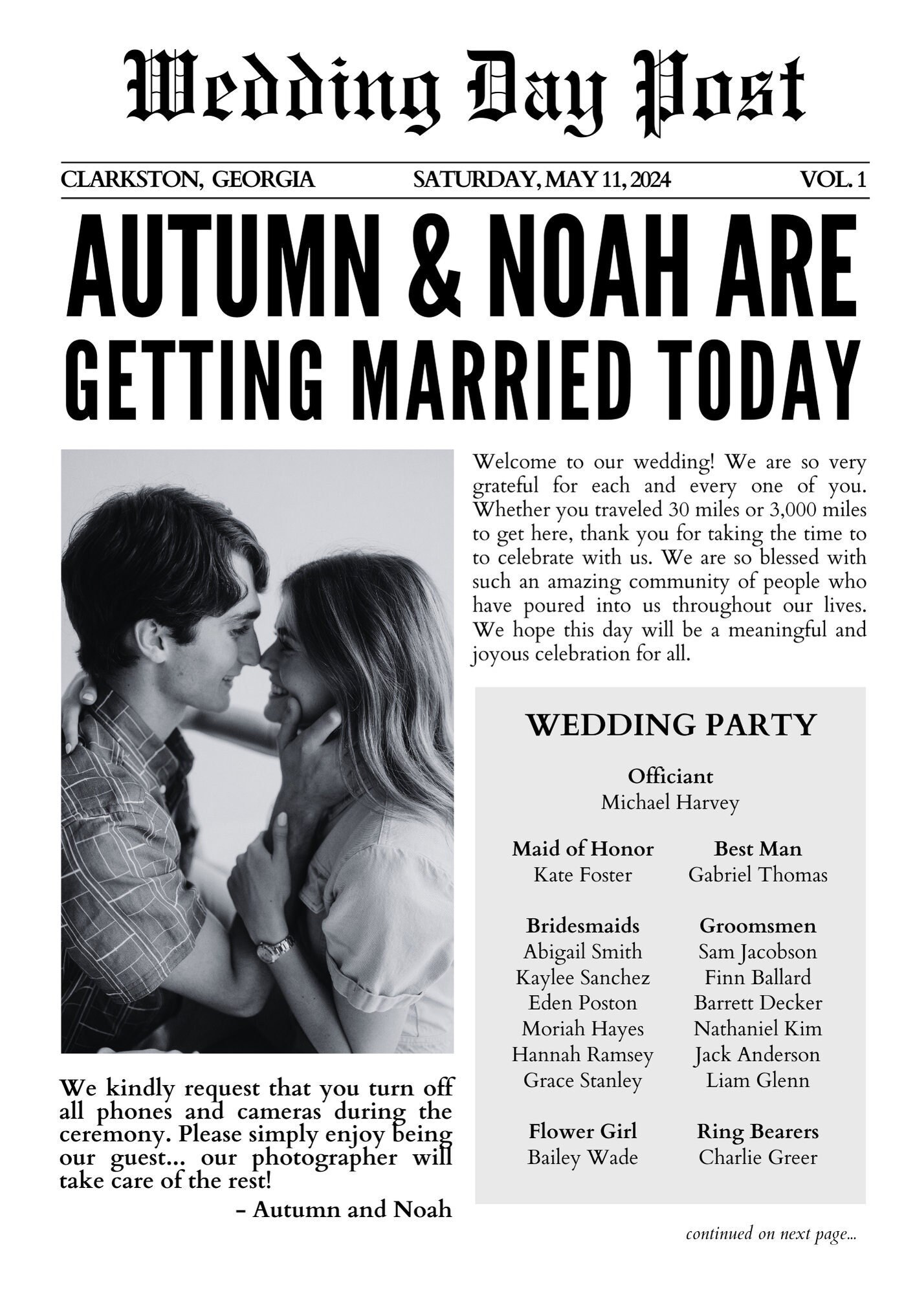 Newspaper Wedding Program Template, Editable Wedding Program, Newspaper ...