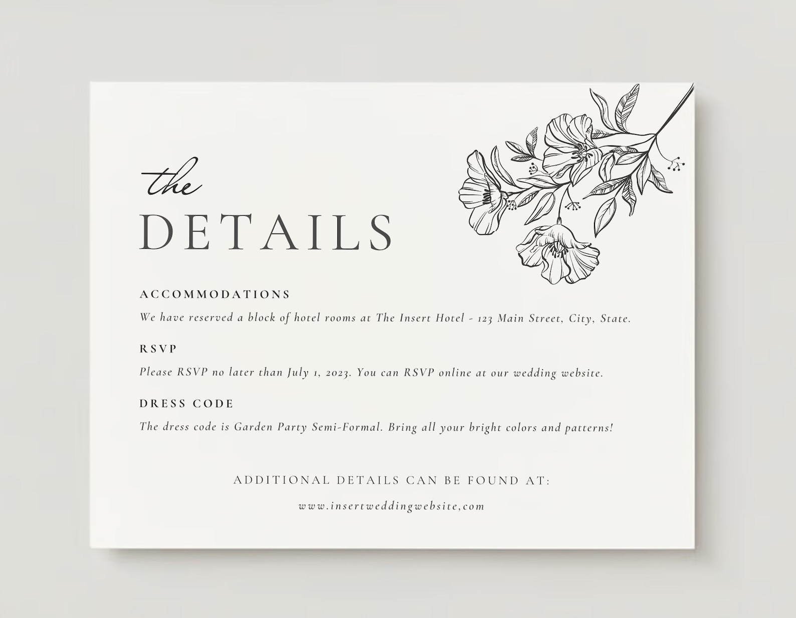 Simple Floral Wedding Details Card Template, Editable Wedding Details ...