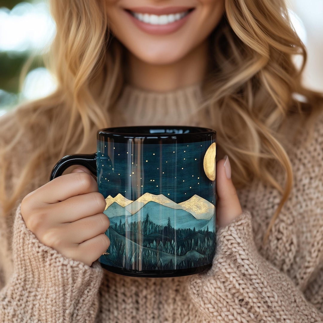 Mountain & Moon Black Mug - Night Sky Coffee Cup, Outdoor Lover Gift ...
