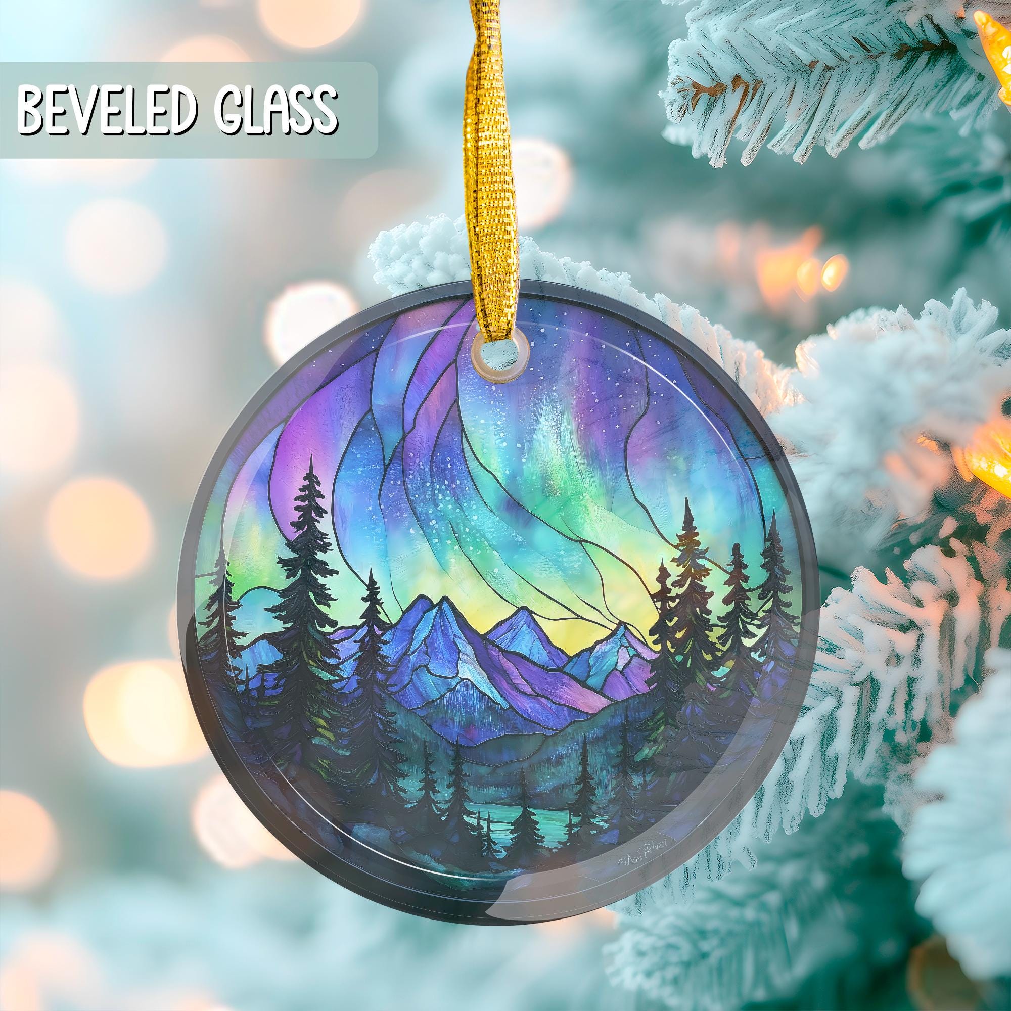 Northern Lights Over Mountain Peaks Ornament | Aurora Borealis Stained ...