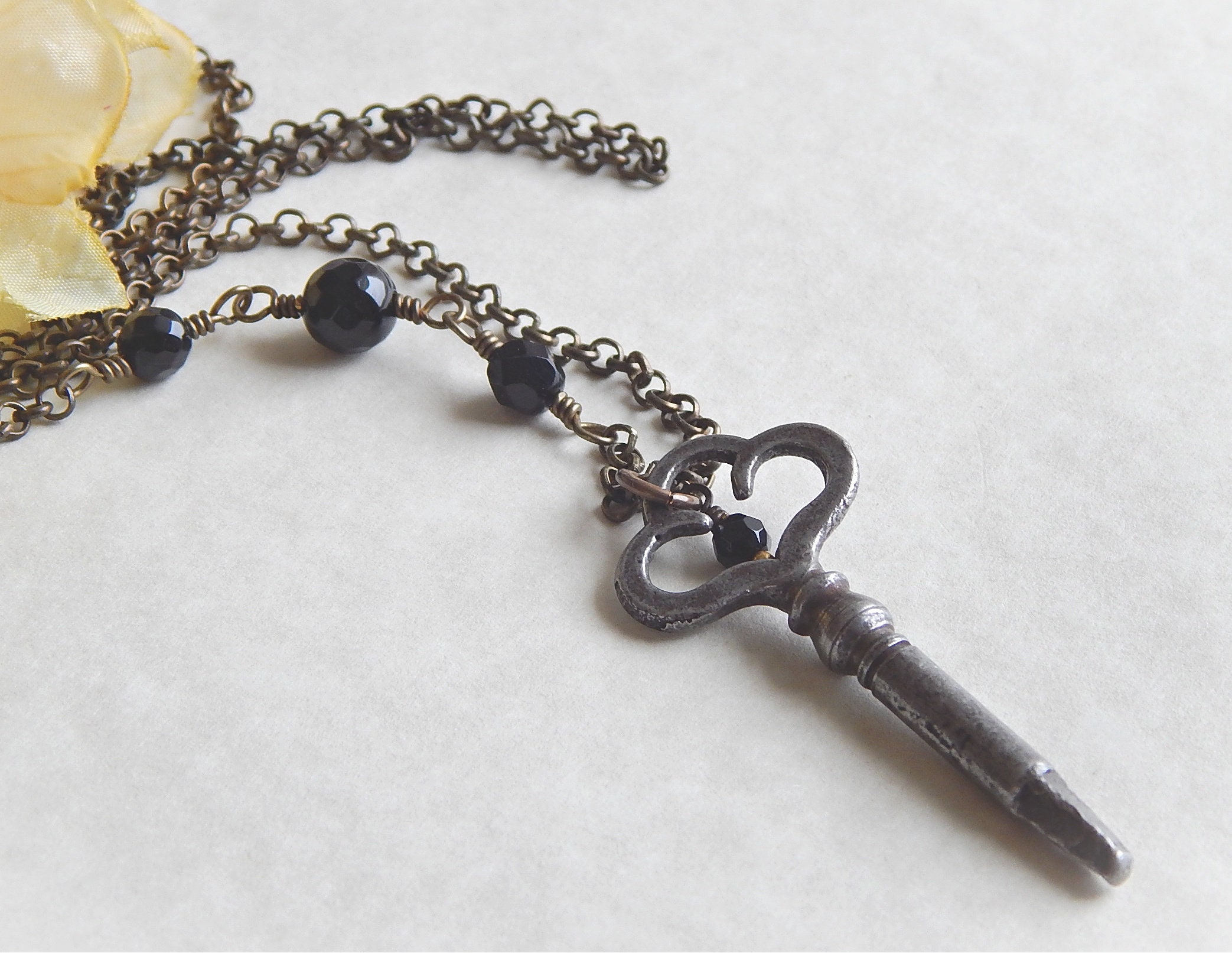 Vintage Key Necklace, Black Gemstone Necklace, Skeleton Key Necklace ...