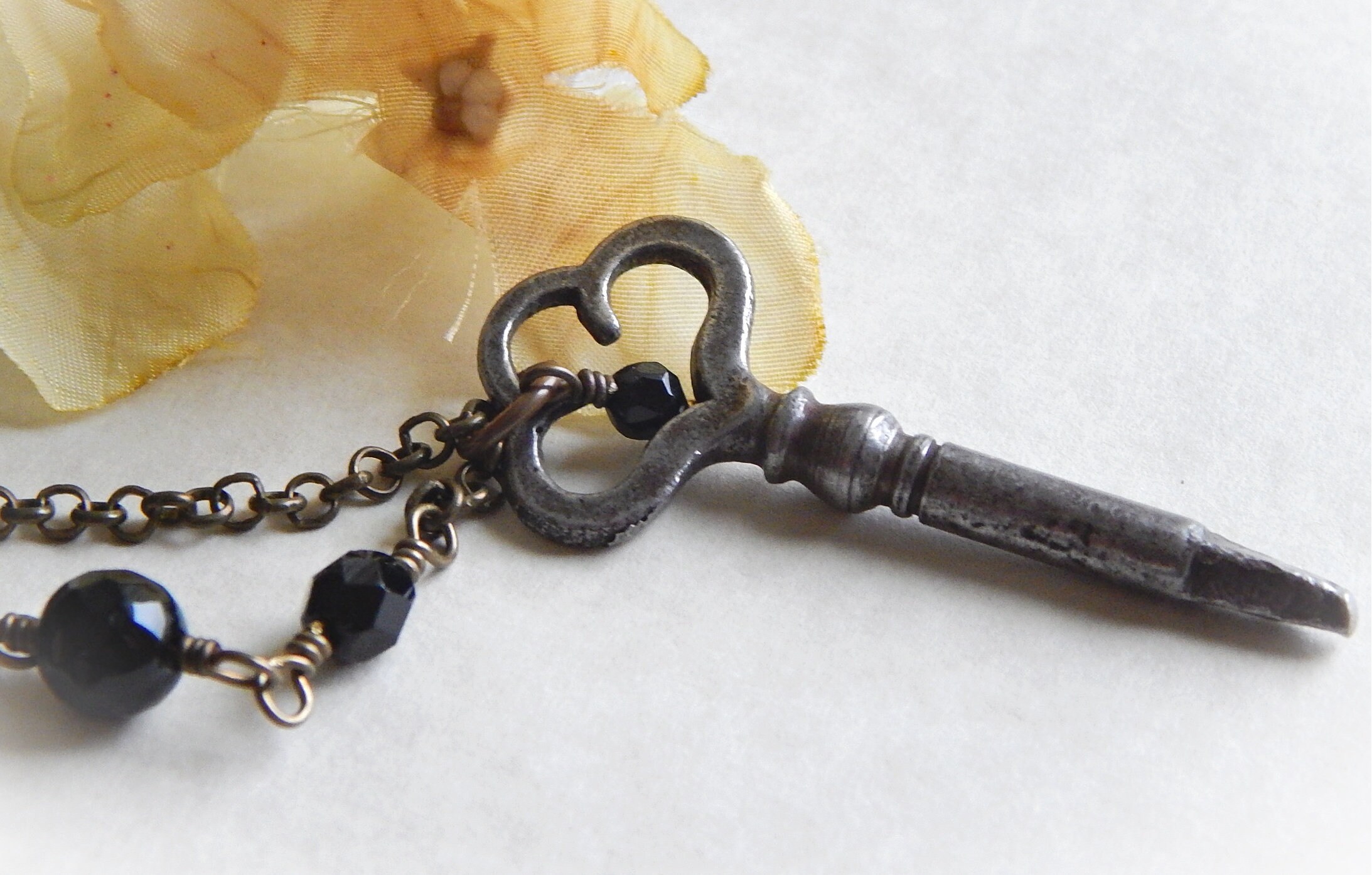 Vintage Key Necklace Black Gemstone Necklace Skeleton Key | Etsy