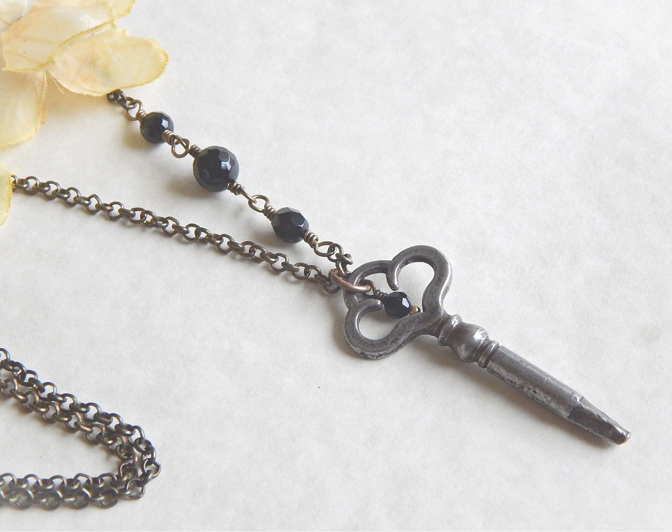 Vintage Key Necklace Black Gemstone Necklace Skeleton Key | Etsy