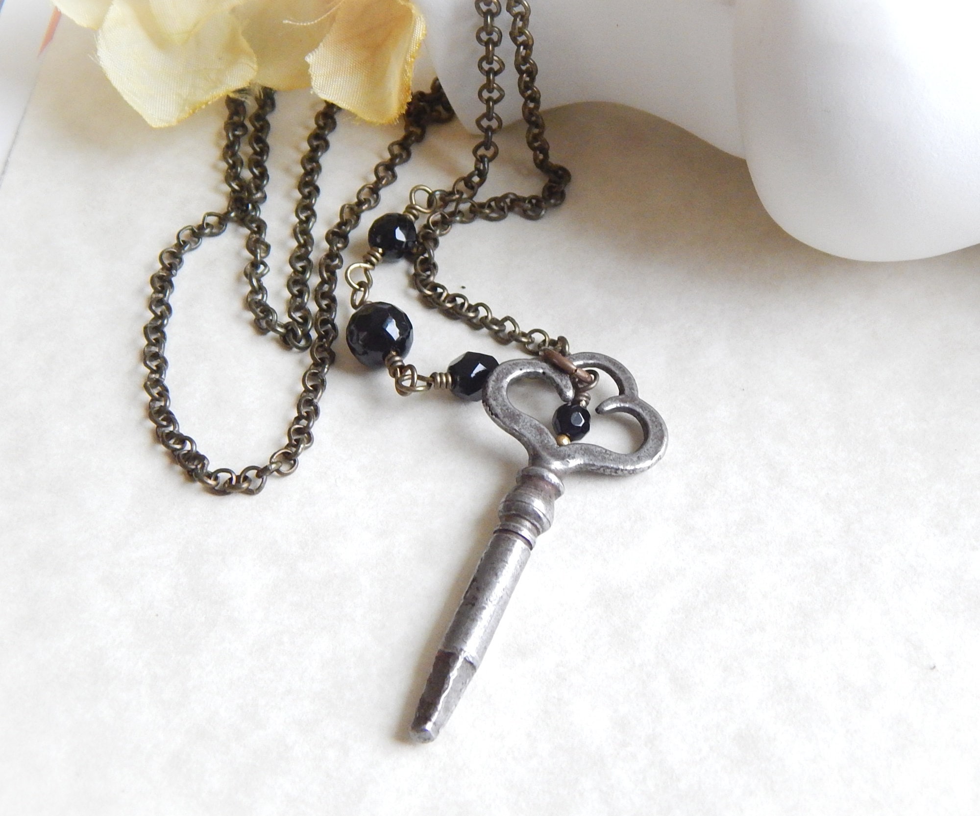 Vintage Key Necklace Black Gemstone Necklace Skeleton Key | Etsy