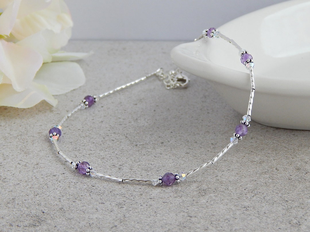 Plus Size Anklet, 11 Inch Anklet, Amethyst Anklet, Sterling Silver ...