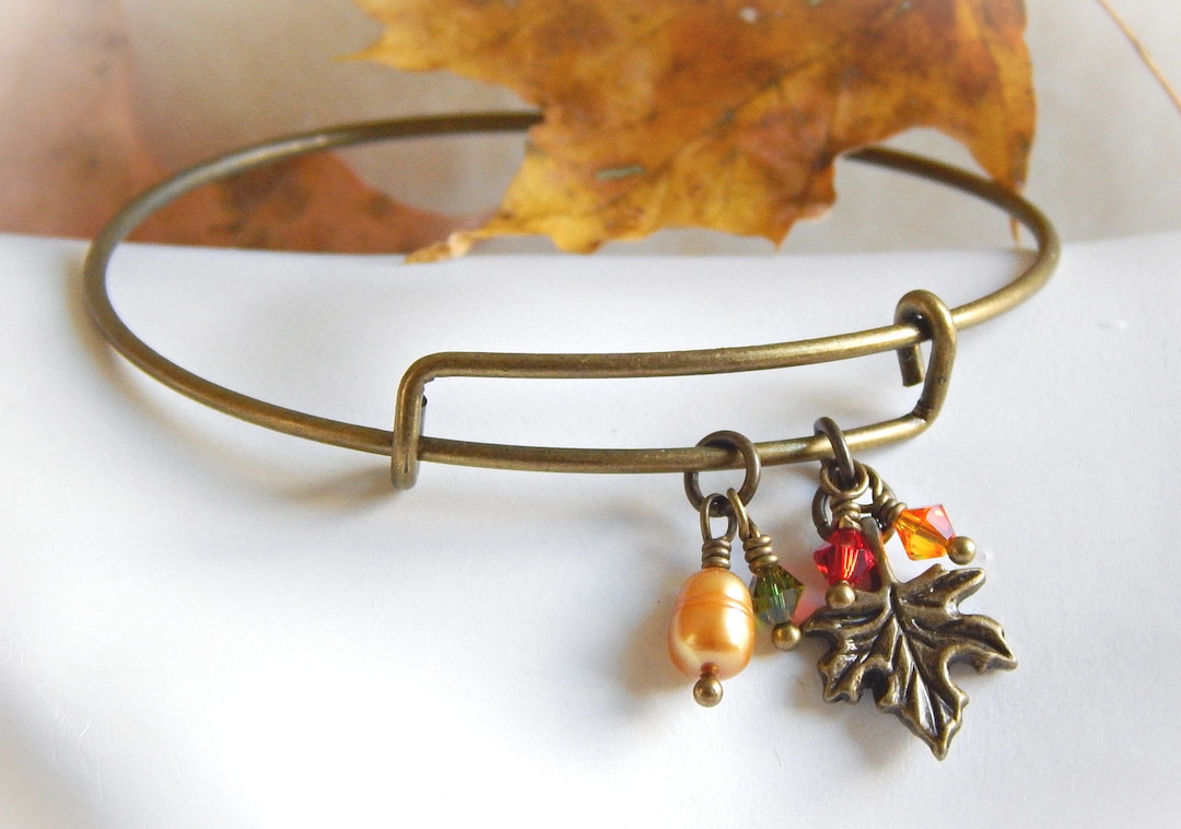 Fall Charm Bracelet With Crystals, Maple Leaf Bracelet, Fall Brass ...
