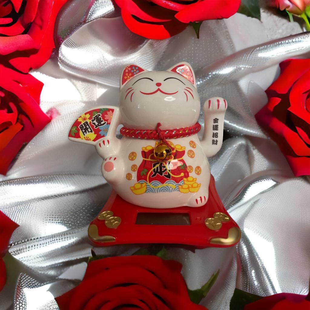 Solar Powered Waving Arm Lucky Cat Maneki-neko Beckoning Cat Lucky Cat ...