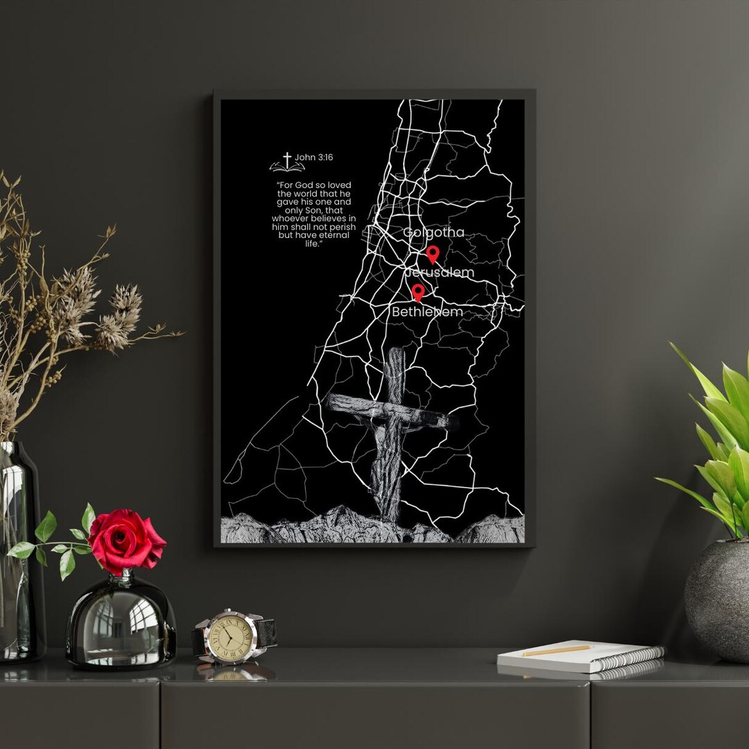 Christian Map Art Print With Location Markers - Birthplace of Jesus ...