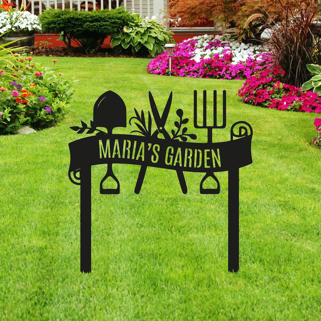 Custom Metal Garden Tools Sign With Stakes, Personalized Garden Name ...