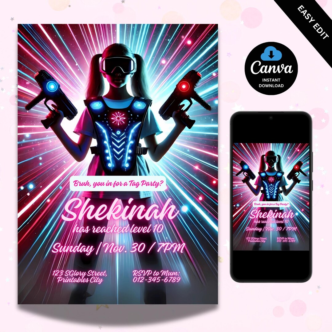 Girls Laser Tag Party Invitation Editable Neon Birthday Party Invite ...