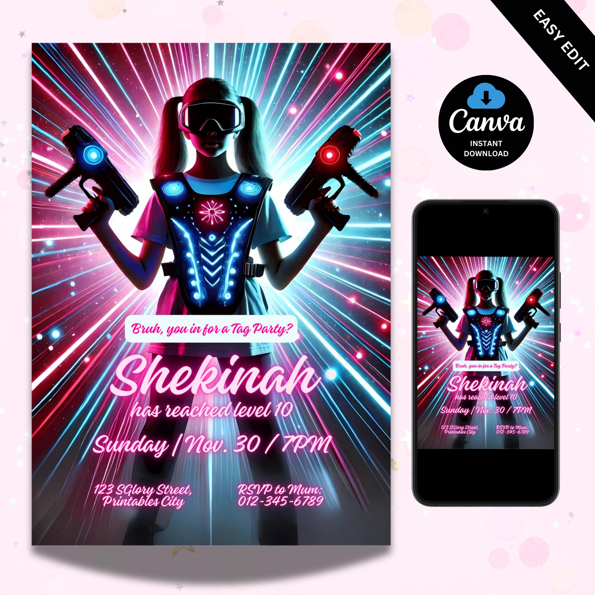 Girls Laser Tag Party Invitation Editable Neon Birthday Party Invite ...