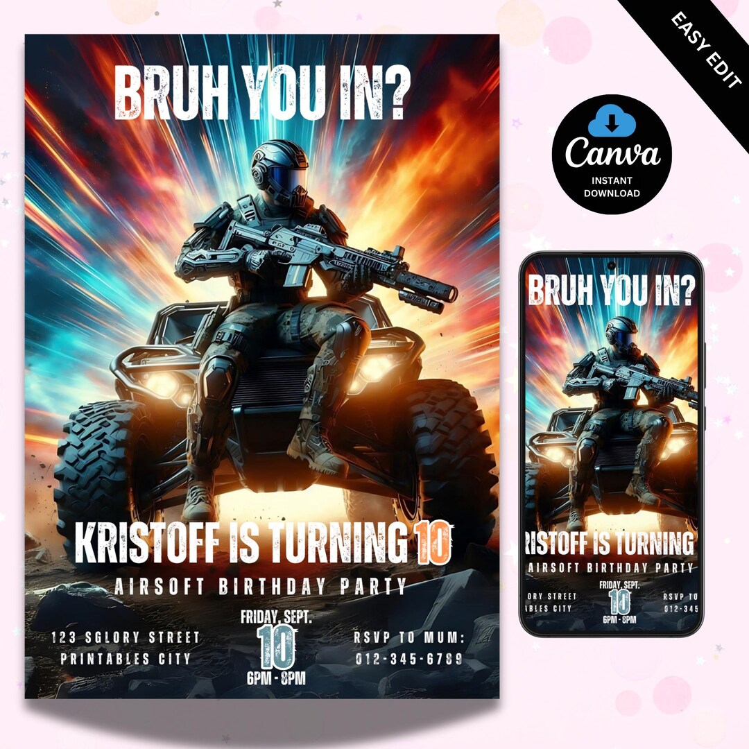 Airsoft Birthday Invitation, Airsoft Party Game Ticket Invite, Editable ...