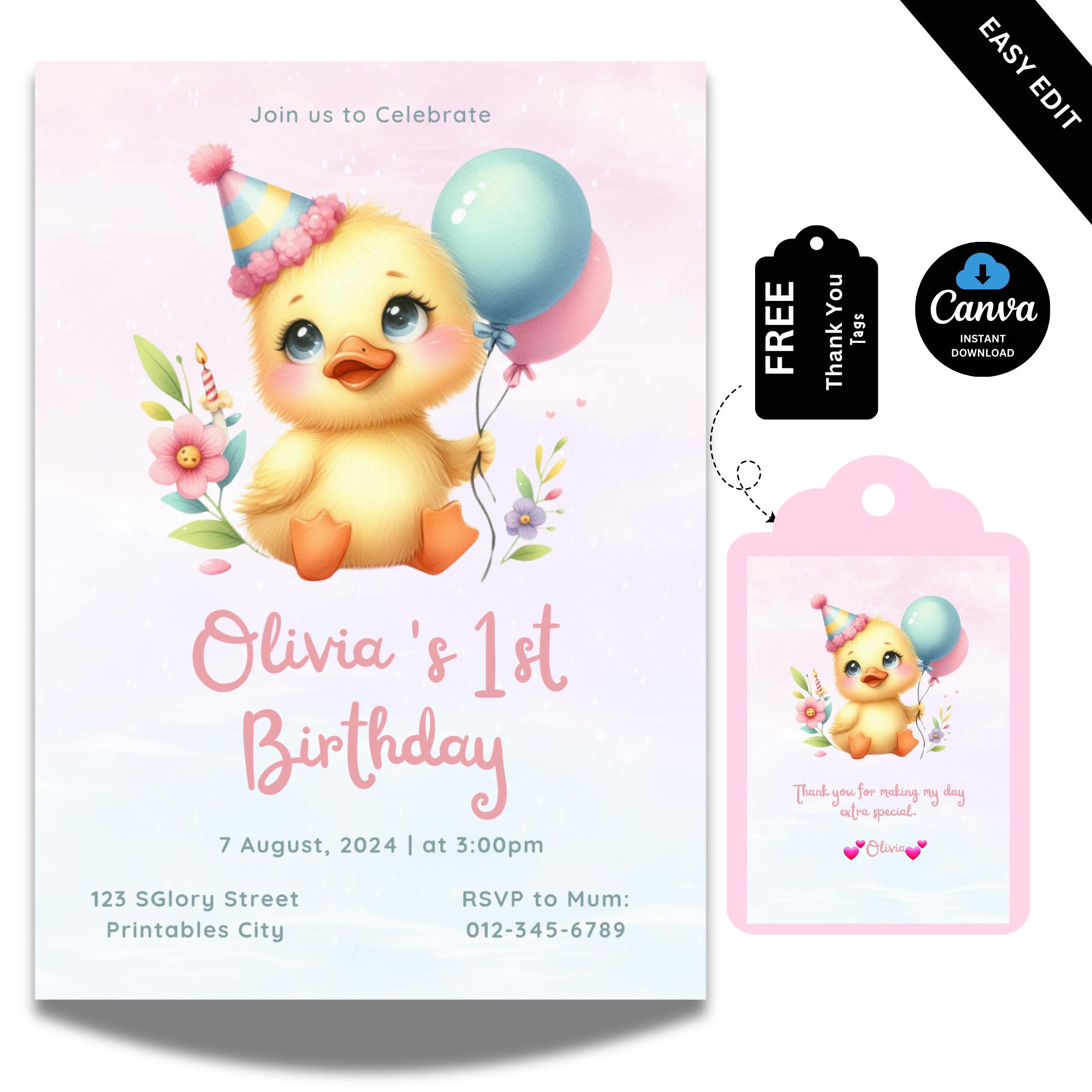 Little Duckling Birthday Invitation, Editable Duck Party Invitation ...