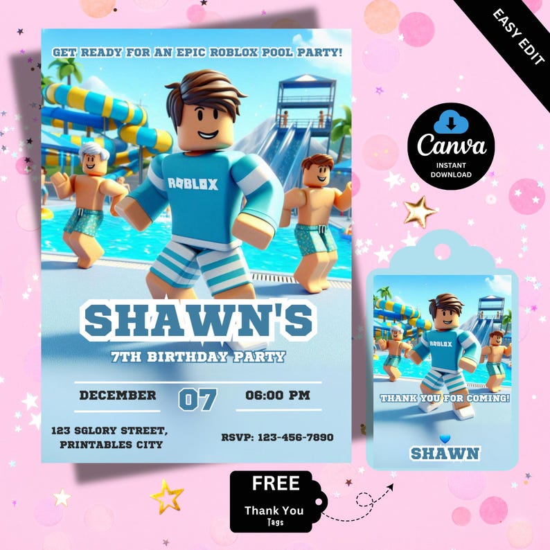 Roblox Pool Party Birthday Invitation Gamer Party Invite Roblox Boy ...