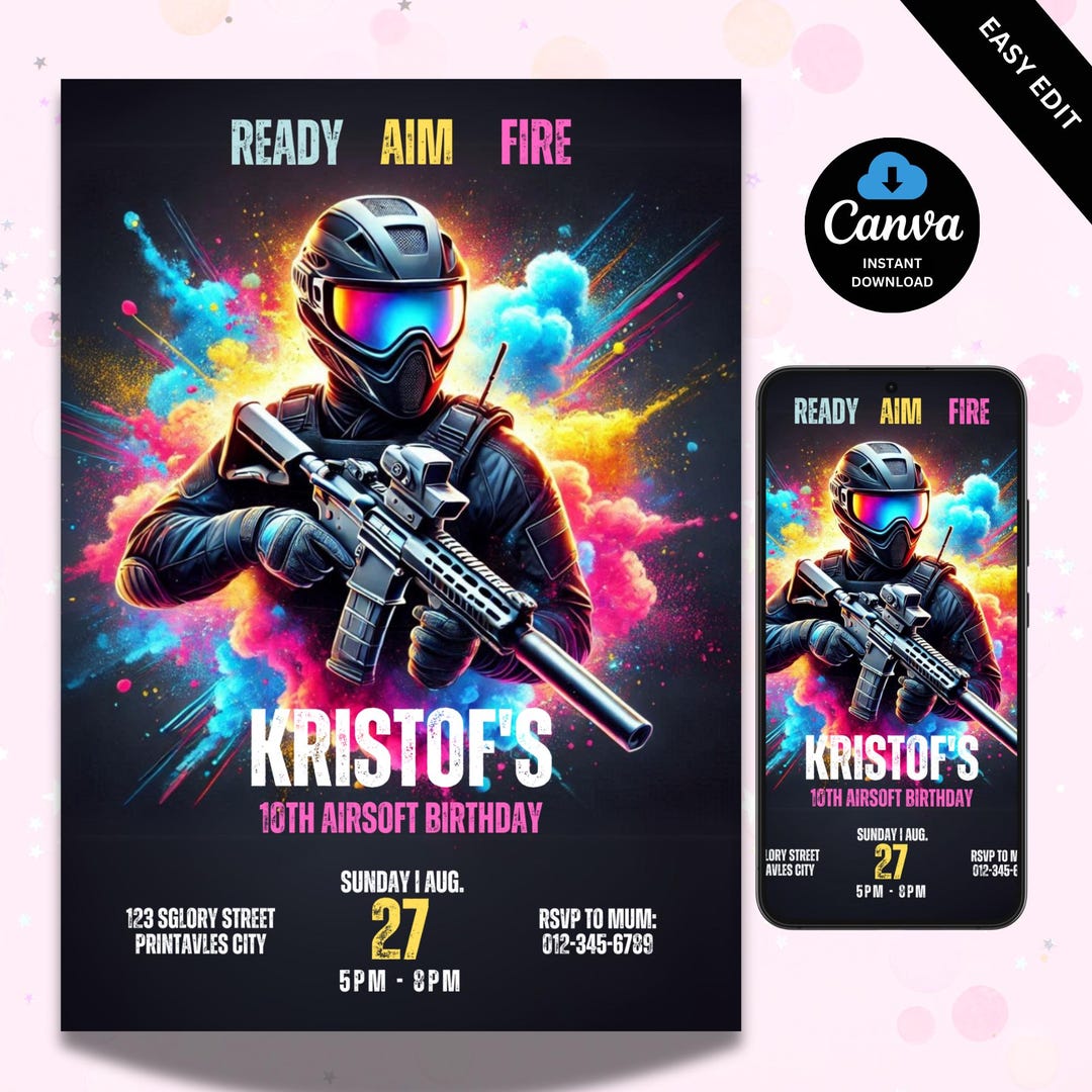 Airsoft Birthday Invitation, Airsoft Party Game Ticket Invite, Editable ...