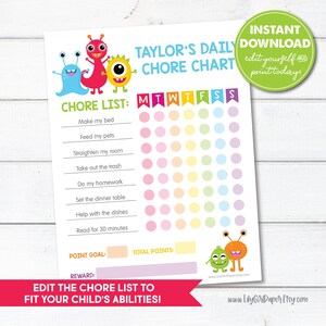 Editable Chore Chart for Kids, Monster Reward Chart Template, Weekly ...