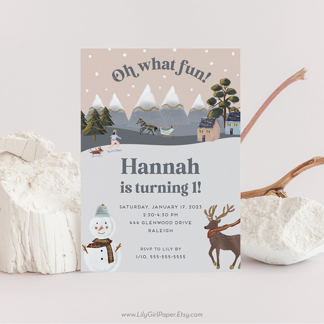 Oh What Fun, Winter Birthday Party Invitation, Editable Template, 1st ...
