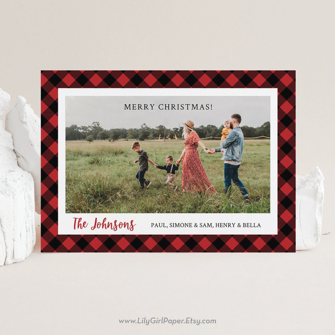 Editable Buffalo Plaid Photo Holiday, Christmas Card Template ...