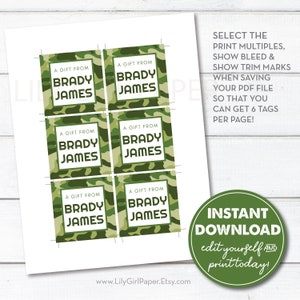 Editable, Personalized Camo Enclosure Card, Gift Tag, INSTANT DOWNLOAD ...