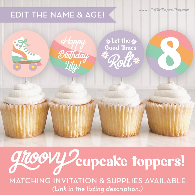 Editable Groovy Roller Skate Birthday Party Cupcake Toppers, Stickers ...