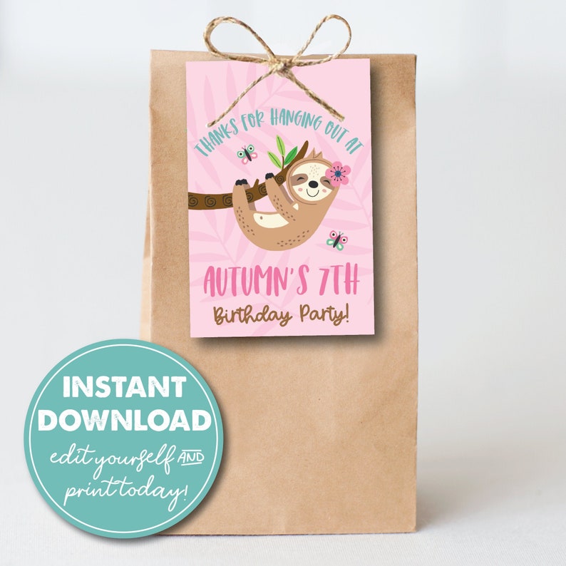 Editable Cute Sloth Birthday Party Favor Tag Little Girl | Etsy