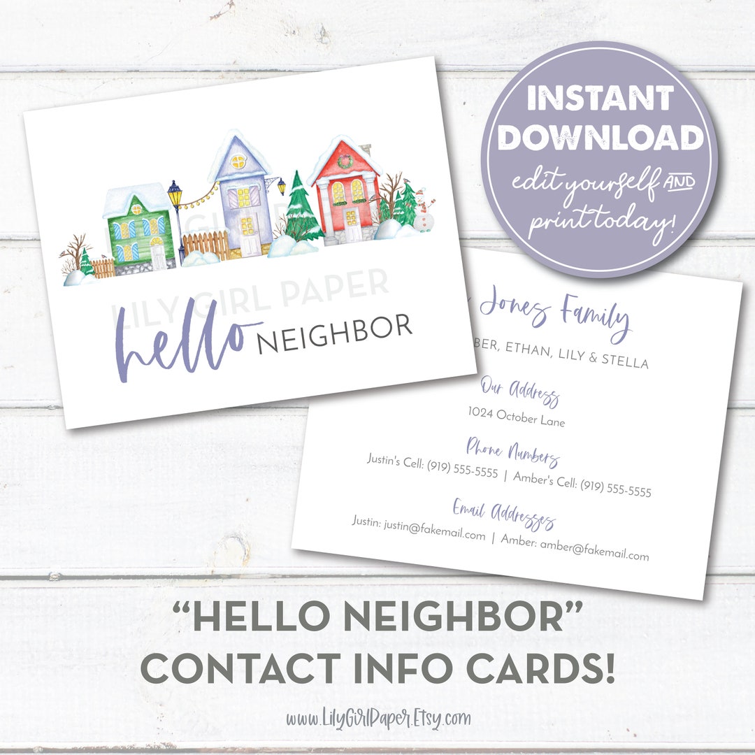 Editable Hello Neighbor Contact Information Cards, Instant Download ...