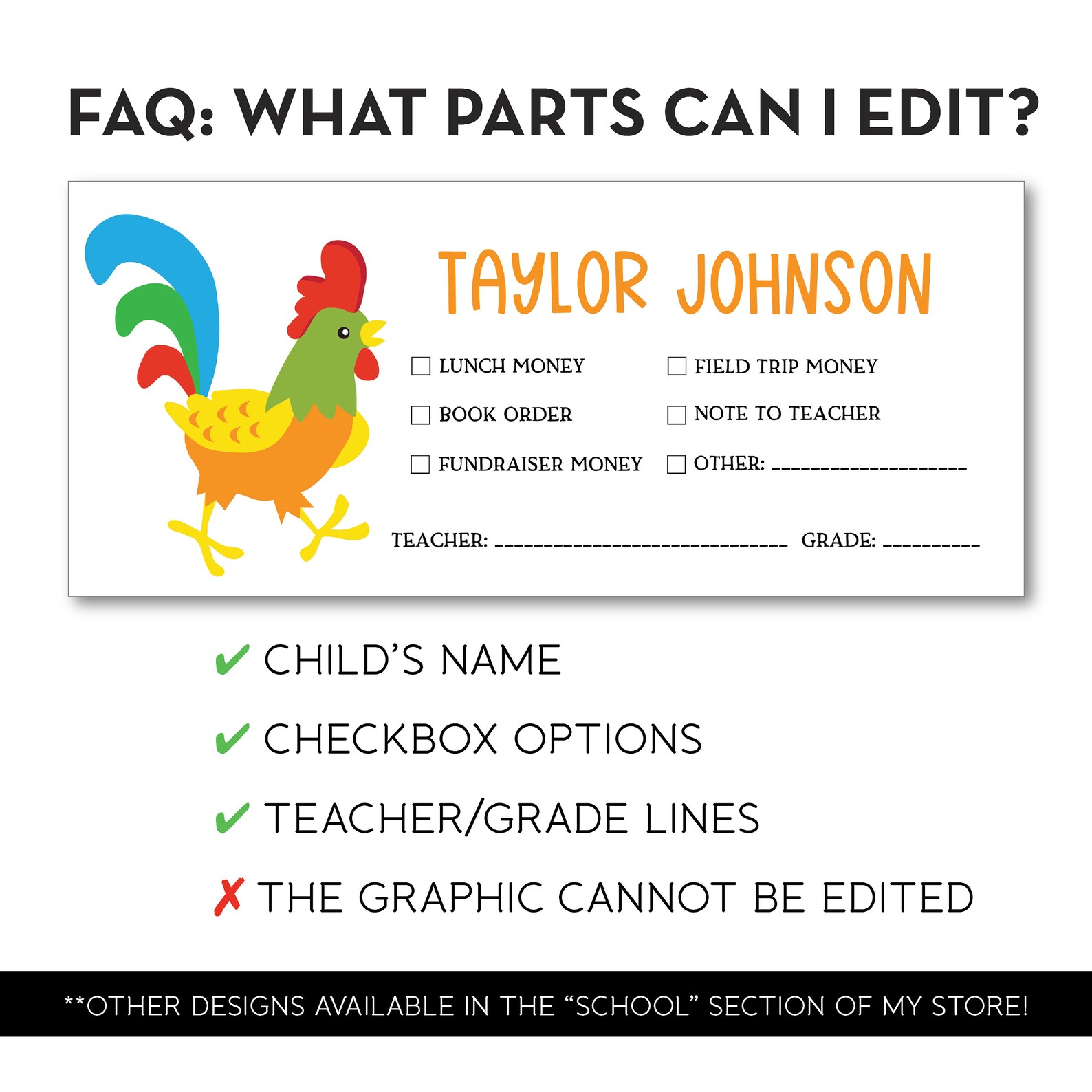 Editable Chicken/rooster School Money and Note to Teacher - Etsy