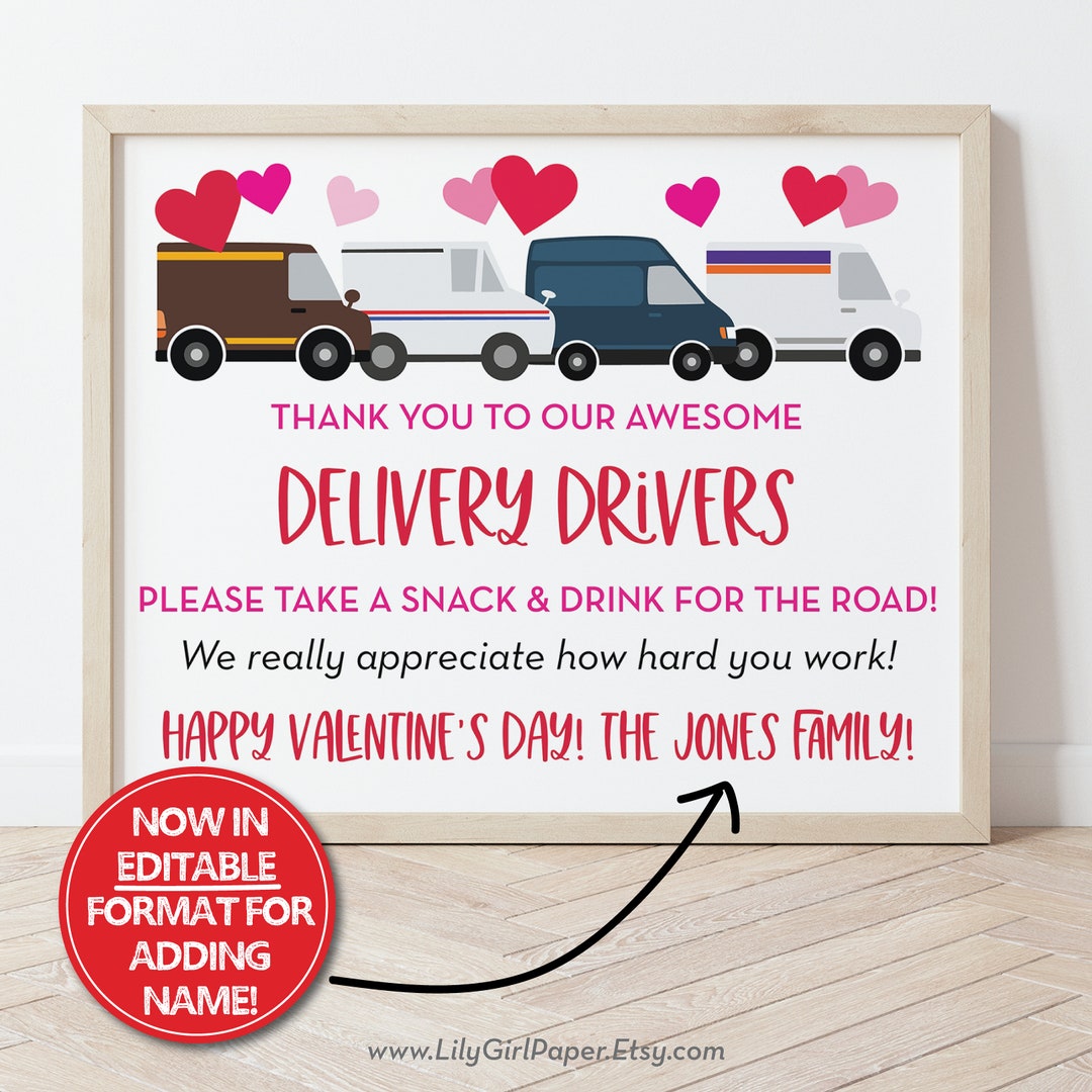 Editable Valentine's Day Delivery Driver Snack & Drink Sign, Mail ...