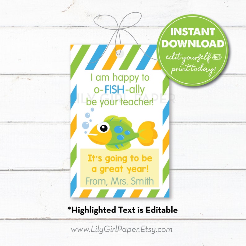 Editable Back to School Goldfish Treat Bag Tag, Teacher Gift to ...