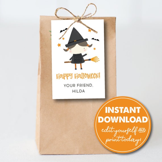 Editable Halloween Treat Gift Tag, Cute Witch Happy Halloween Favor Tag ...