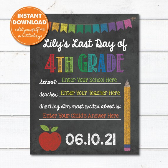 Editable Last Day of 4th Grade Sign, Instant Download, Printable School ...