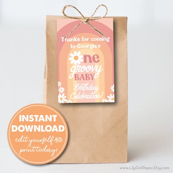 Editable One Groovy Baby, Girl's 1st Birthday Party Favor Tags, INSTANT ...